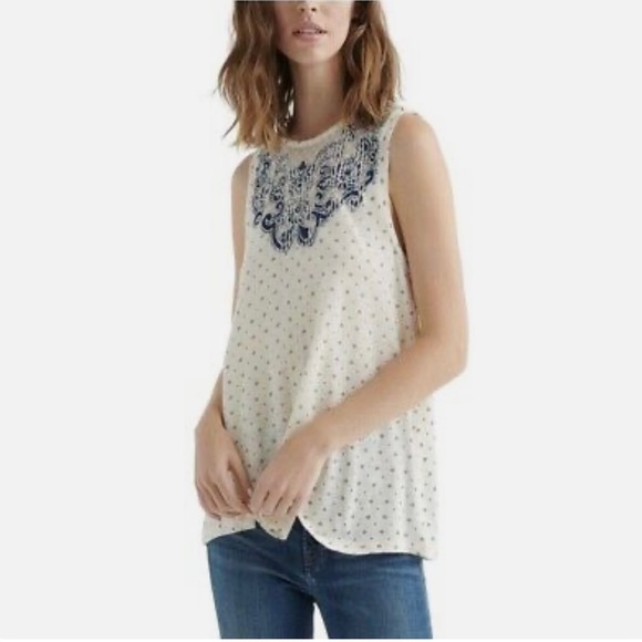 Lucky Brand | Tops | Lucky Brand Beige Navy Blue Polka Dot Embroidered ...
